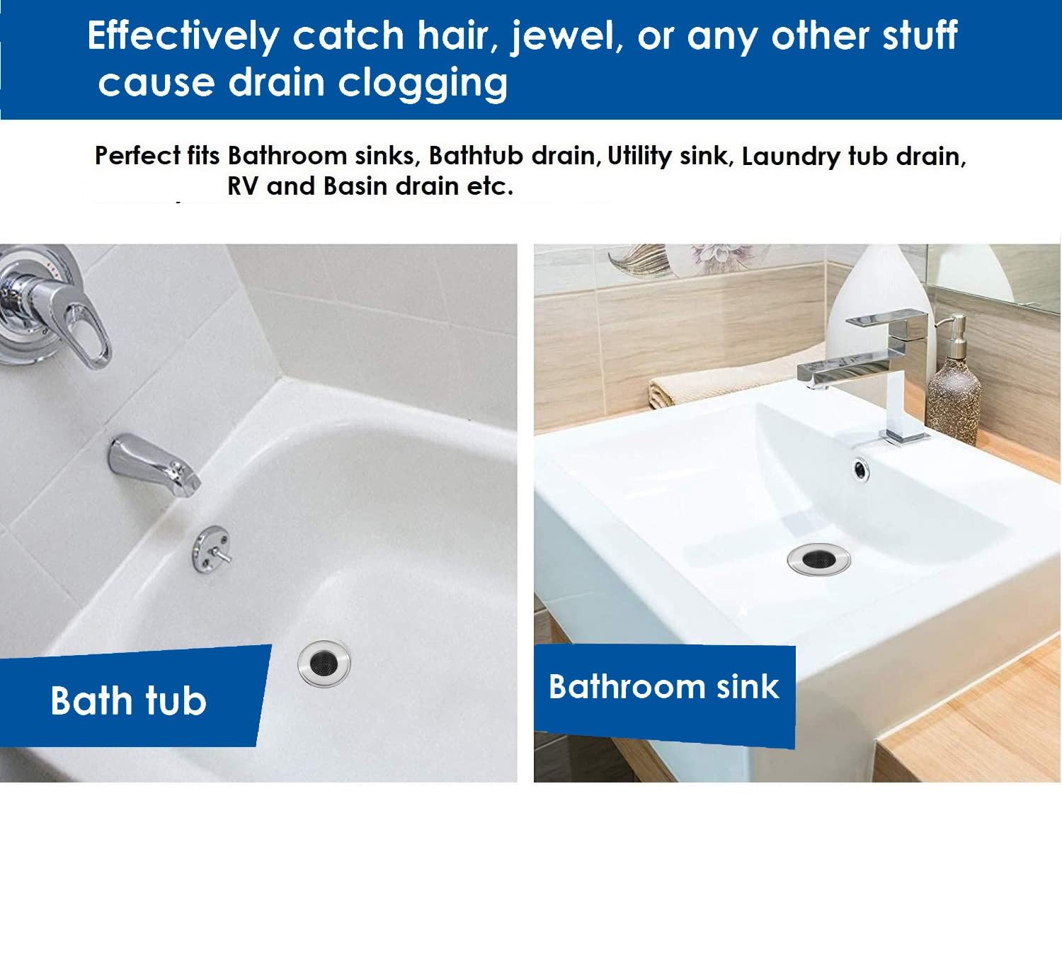 CNSZNAT Bathtub Drain Cover, Bathroom Sink Strainer, Drain Hair Catcher for Bathtub Laundry Utility Sink, Fit Hole Size from 1.55" to 1.8" and Depth Than 1" (3-Pack)