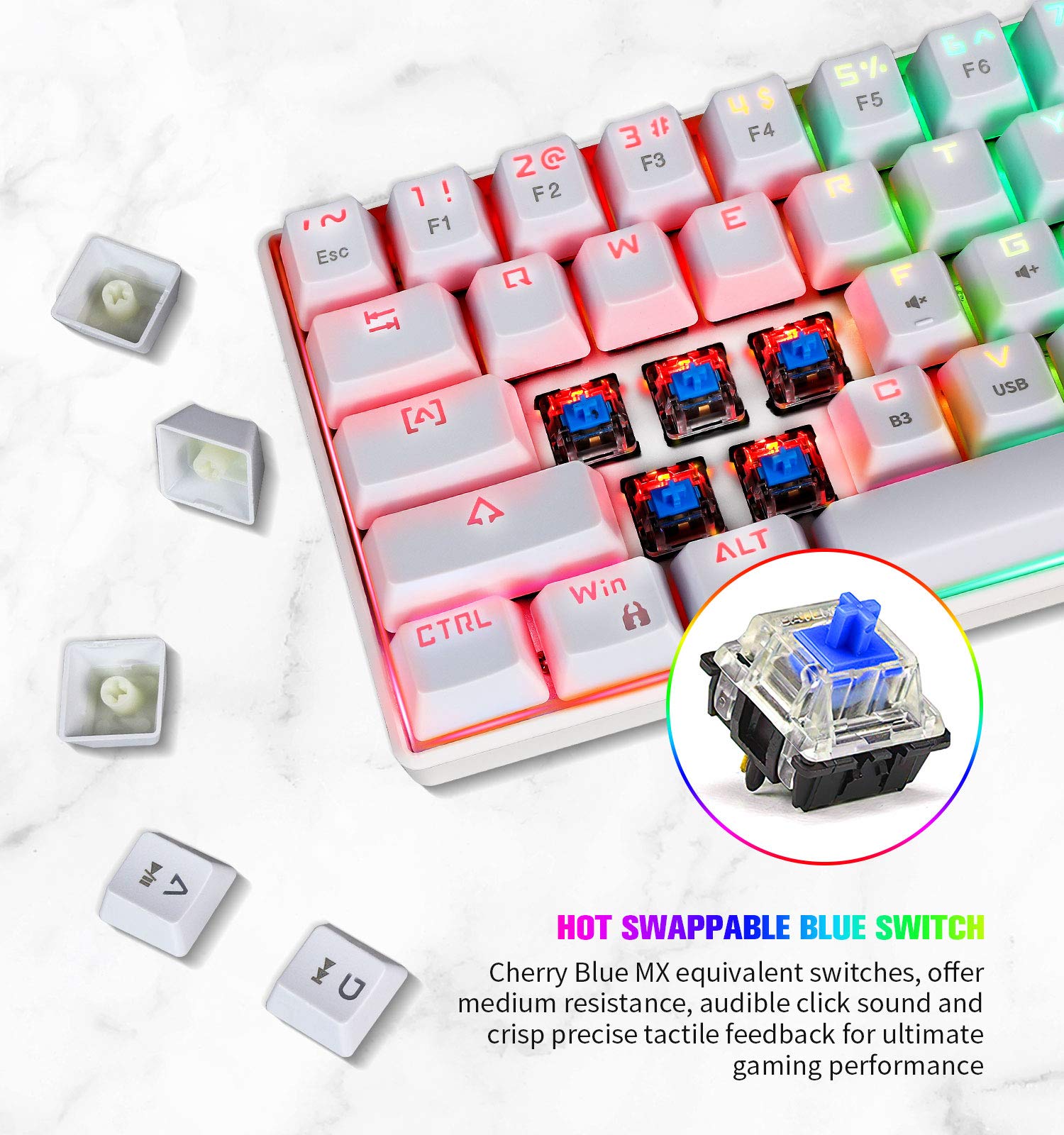 SUPGALIY 60% Mechanical Keyboard Wireless 2.4G/Bluetooth 5.0/Wired Gaming Keyboard 3000mAh 61 Keys RGB Backlit Portable Mini Keyboard for Windows, Mac, Android, iOS (Hot Swappable Blue Switch, White)
