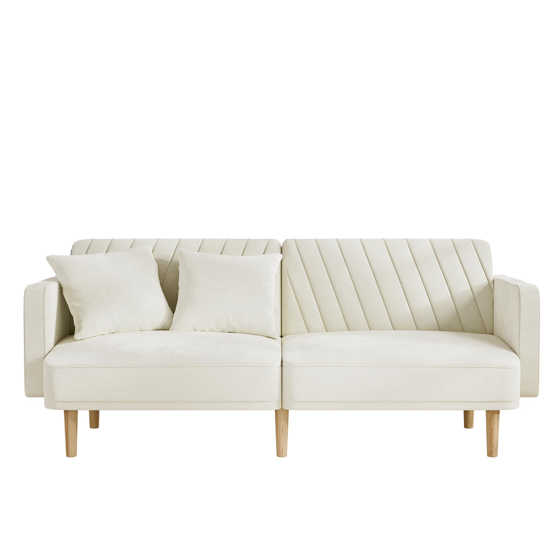 OUYESSIR Futon Sofa Bed, 75.3", Couch, Small Sofa, Sleeper Sofa, Loveseat, Mid Century Modern Velvet Futon Couch with 2 Pillows for Living Room (Beige White Velvet, Futon)