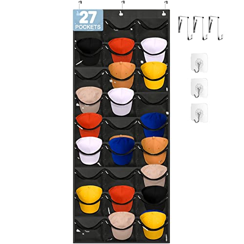 Owkjar 27 Large Pockets Hat Organizer for Baseball Caps,Hat Rack with 6 Hooks Over the Door or Wall Multiple Caps Display Storage Racks,Hat Holder Organizer for Golf Sports Caps Organization