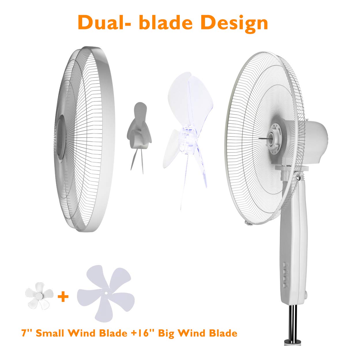 COSTWAY Pedestal Fan, 16-Inch Oscillating Stand Fan with 3 Wind Speeds, Double Blades, Height Adjustable, Whisper Quiet Standing Fan for Home and Office (White)