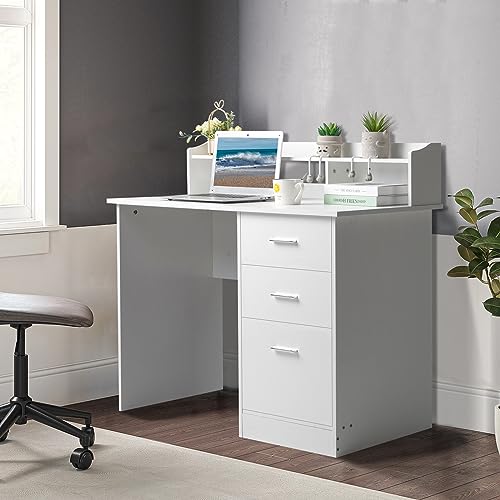 Karl home White Computer Desk with Drawers & Hutch, Modern Home Office Desks with Storage for Kids Students Teens, Small Wood Table for Work Study Gaming Writing, PC Laptop Workstation