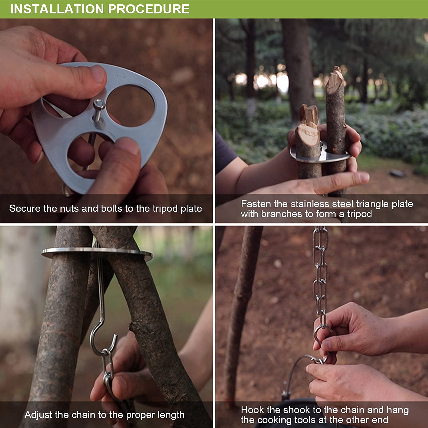 Camping Tripod Board, Stainless Steel Tripod Can be Adjusted to Turn the Branches Into a Picnic Tripod Grill, Outdoor Campfire Cooking Accessories
