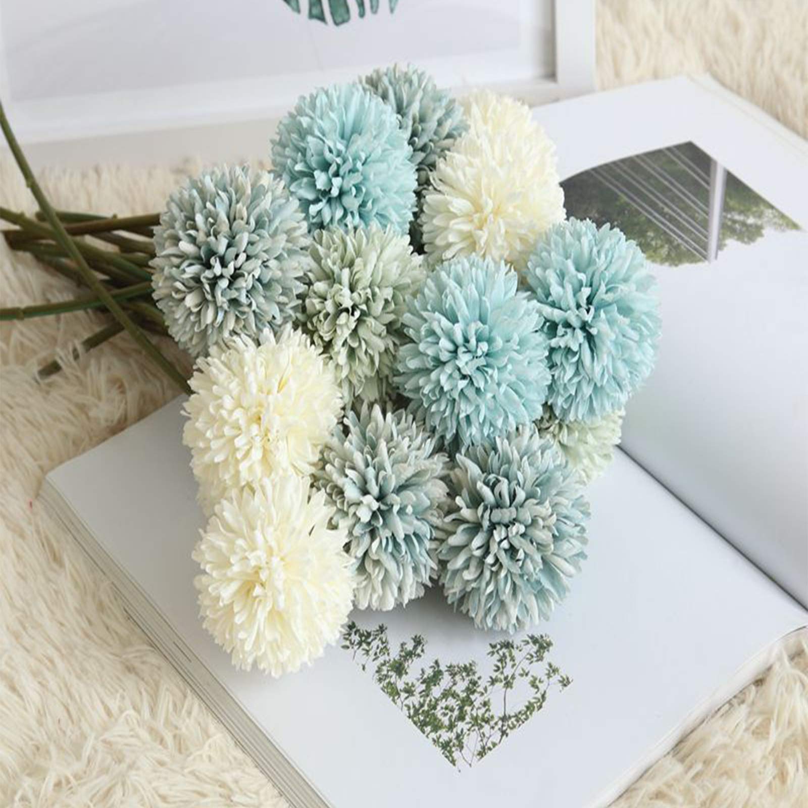 SvaTao Artificial Chrysanthemum Ball Flowers- 12pcs Silk Flower Bouquets for Wedding Present Decor for Home Office House Party Garden Blue