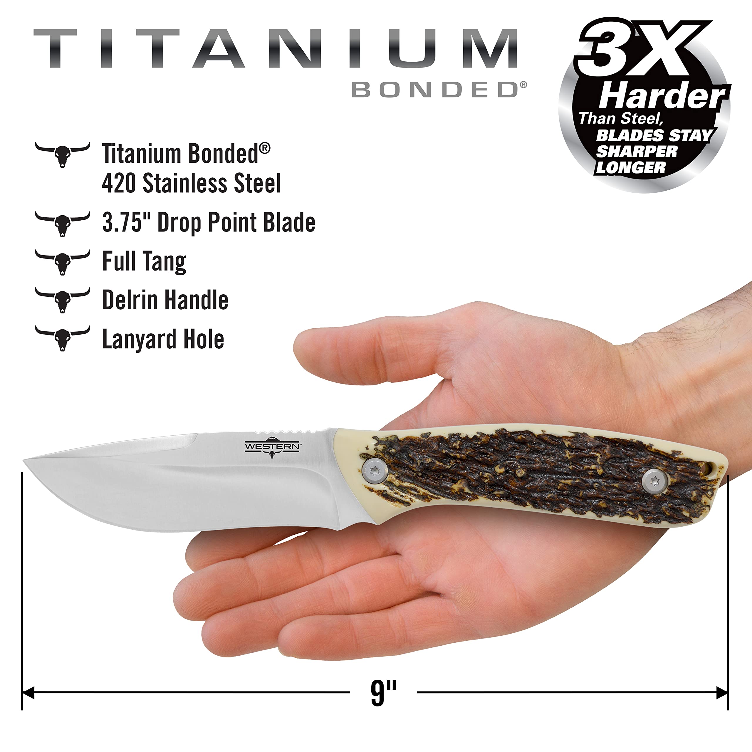 Camillus Western Crosstrail 9" Drop Point Blade Durable Corrosion-Resistant 420 Stainless Steel Hunting Hiking Fishing Camping Full Tang Fixed Blade Knife with Protective Sheath