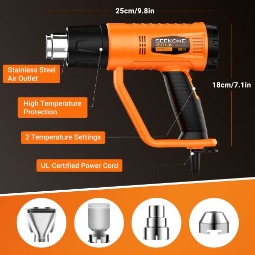 SEEKONE Heat Gun 1800W Heavy Duty Fast Heat Hot Air Gun Kit with 752℉&1112℉(400℃-600℃) Dual-Temperature Settings and 4 Nozzles with Overload Protection for Crafts, Shrinking PVC, Stripping Paint