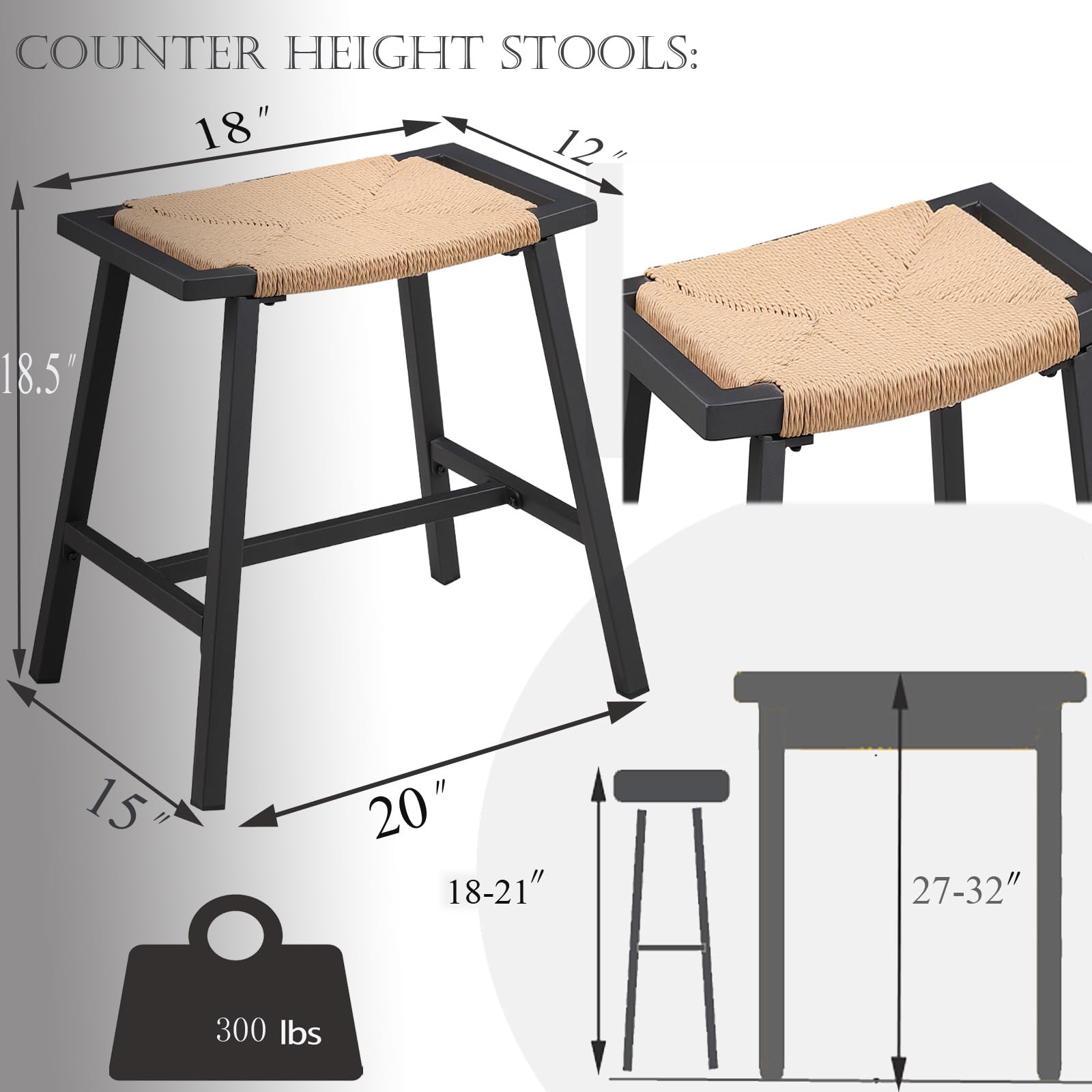 KAIRUITUCH 18 inch Stools, Dining Table Height Chairs Short Stools, Backless Kitchen Saddle Small Stool for Island, Outdoor Brown Rope Wicker Pattern Seat,Black Metal Waterproof Powder Coat, 818DLB1