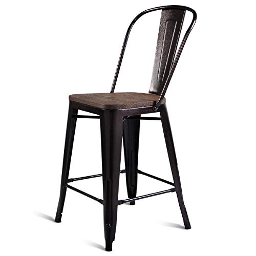 COSTWAY Tolix Style Dining Stools with Wood Seat and Backrest, Industrial Metal Counter Height Stool, Modern Kitchen Dining Bar Chairs Rustic, Copper