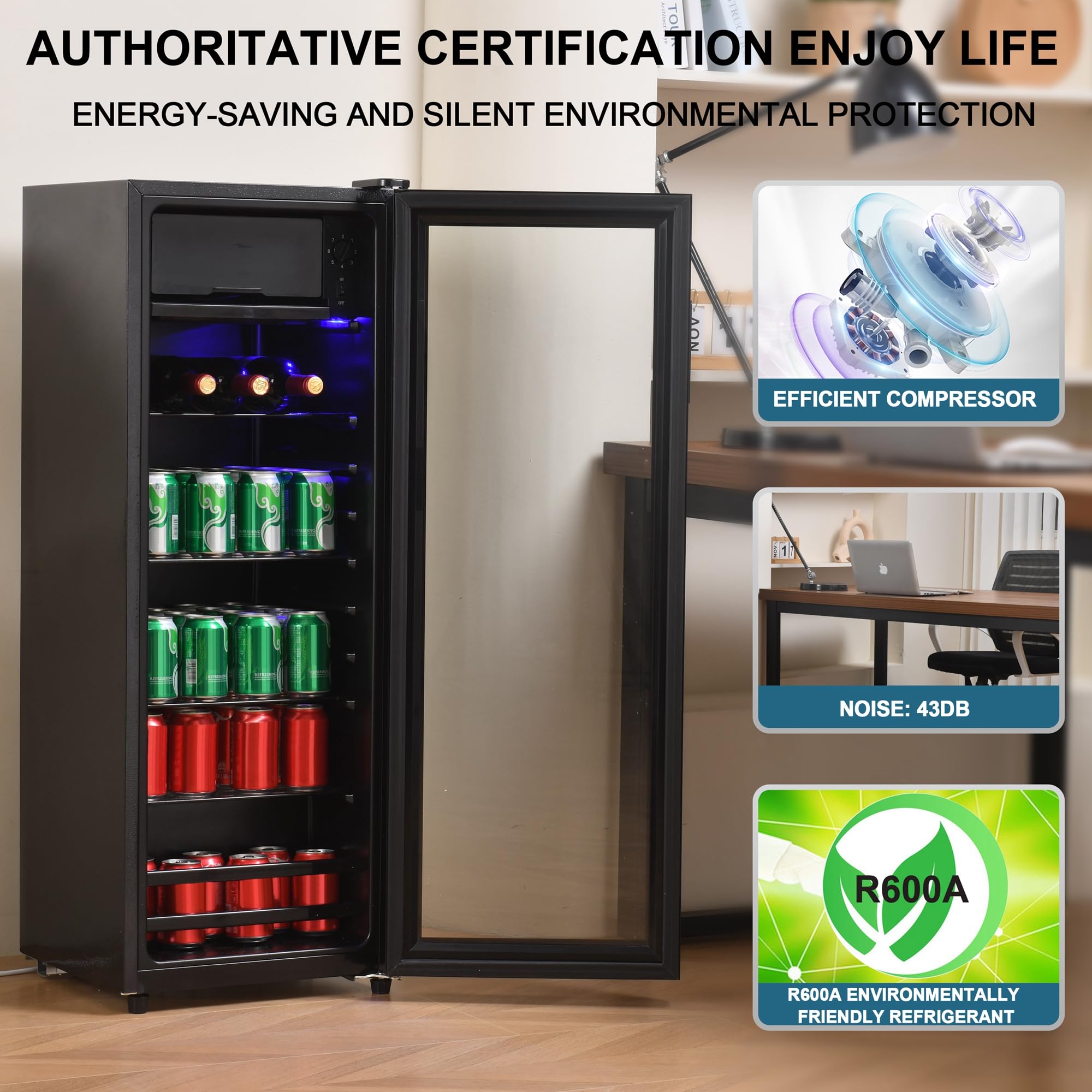 LZ LEISURE ZONE 4.5 Cu.ft Mini Beverage Refrigerator with Freezer, Up to 94 Cans of Soda, Beer or Wine, Fridge with LED Lighting, Silent, Energy-saving, Small Refrigerator for Bedroom/RV/Office