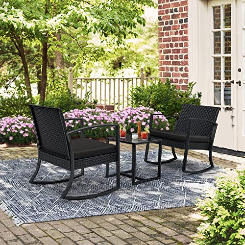 Greesum 3 Pieces Outdoor Furniture Set Patio Bistro Rocking Chairs with Glass Coffee Table for Pool Beach Backyard Balcony Porch Deck Garden, Black