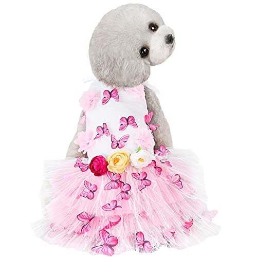 SEIS Butterfly Dog Dress Sweet Simulation Flower Teddy Clothes Lace 3D Cat Skirt Princess Bomei Costume Adjustable Pet Tutu for Spring Summer Wedding Party (S (Chest Circumference 37cm/14.6"), Pink)