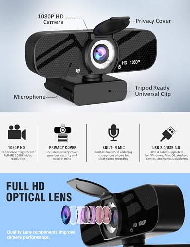 Full HD Webcam with Built-in Microphone and Rotatable Tripod, 1080P Video and Wide Angle Camera, Privacy Cover, for Desktop PC or Laptop Computer (Webcam with USB Cable)