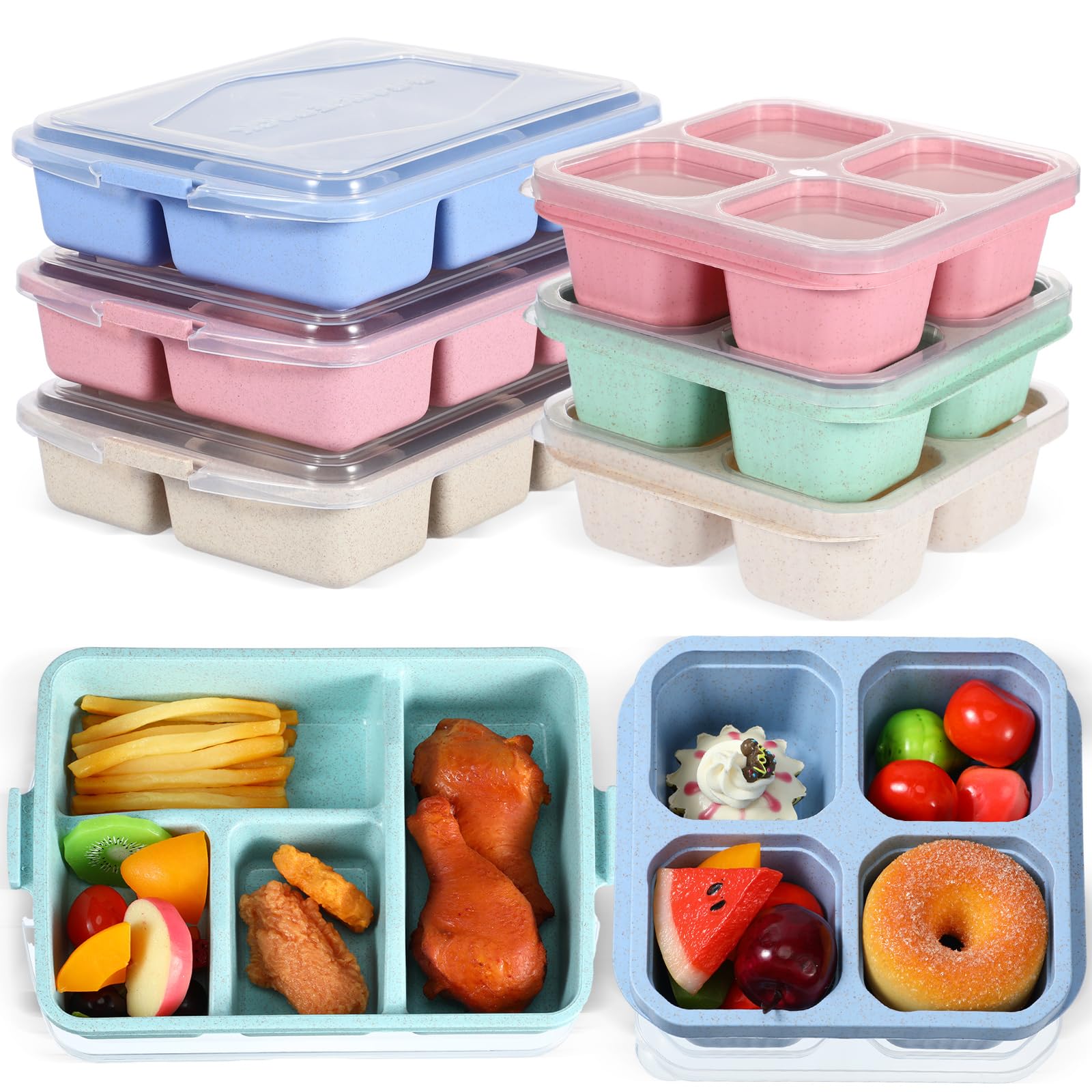 Bokon 8 Pcs Bento Lunch Box for Kids Snack Containers with 4 Compartments Bento Box Adult Lunch Box Microwave & Dishwasher Safe with Transparent Lids for School, Dining Out, Work, Picnic, 4 Colors