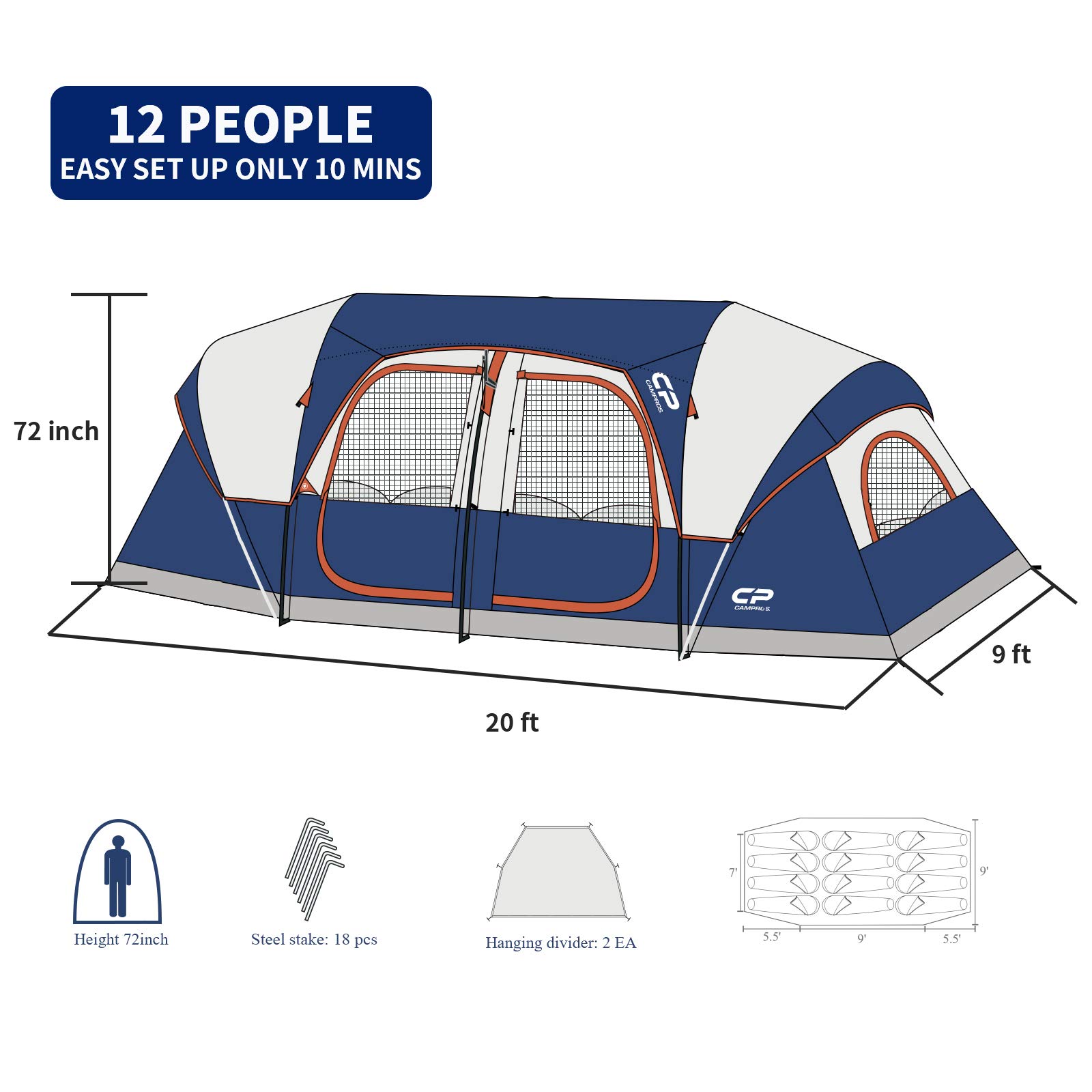 CAMPROS CP Tent-12-Person-Camping-Tents, Waterproof Windproof Family Tent with Top Rainfly, 6 Large Mesh Windows, Double Layer, Easy Set Up, Portable with Carry Bag - Red
