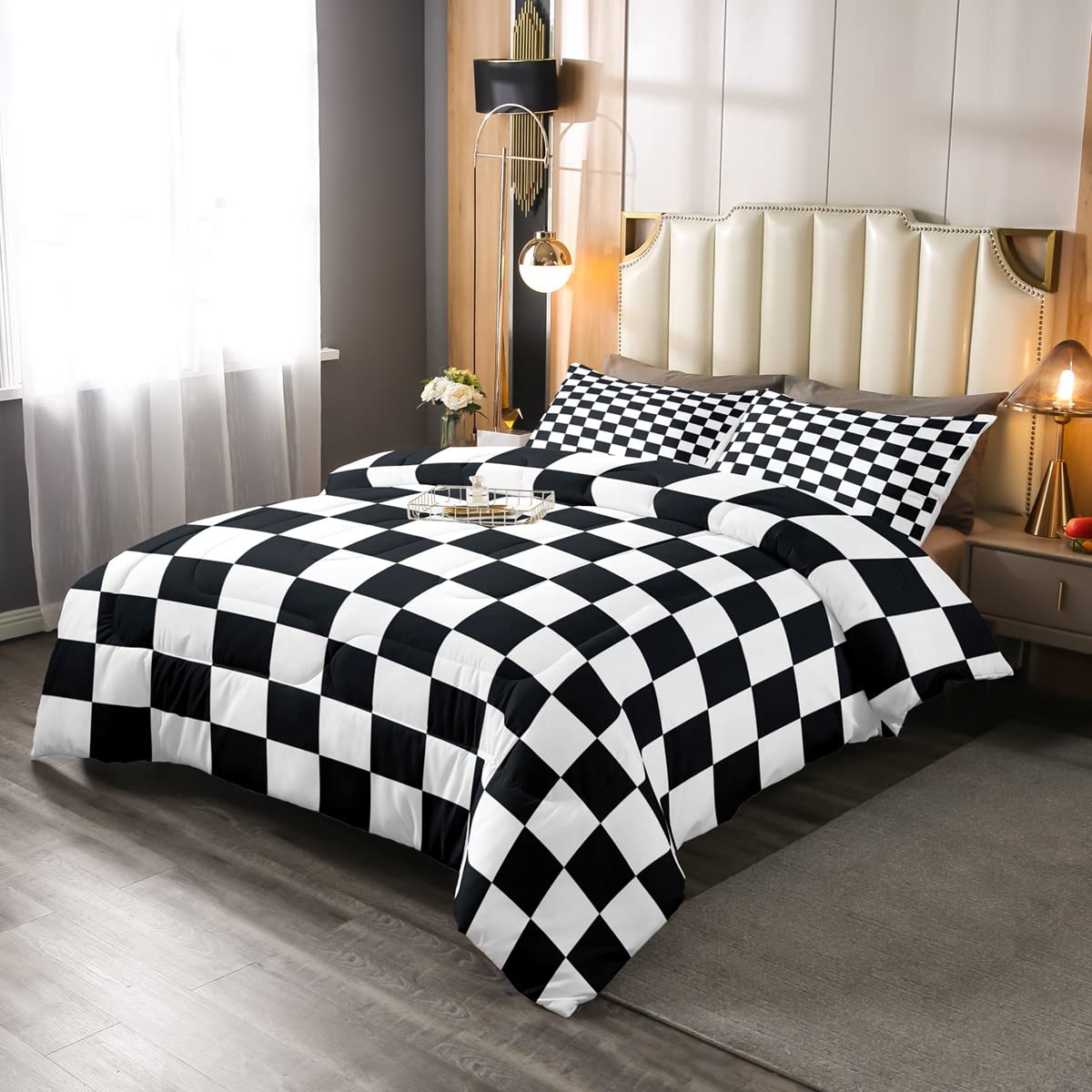 Erosebridal Black Grid Comforter Set Twin Black and White Checkered Bedding Set Reversible Farmhouse Buffalo Plaid Comforter for Kids Boys Teen Bedroom,Gingham Duvet Insert with 1 Pillow Case