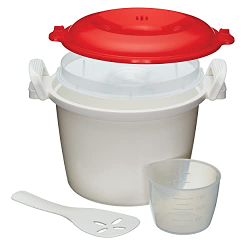 KitchenCraft Rice Cooker - Microwave Steamer, BPA Free Plastic, 1.5 Litre, White/Red