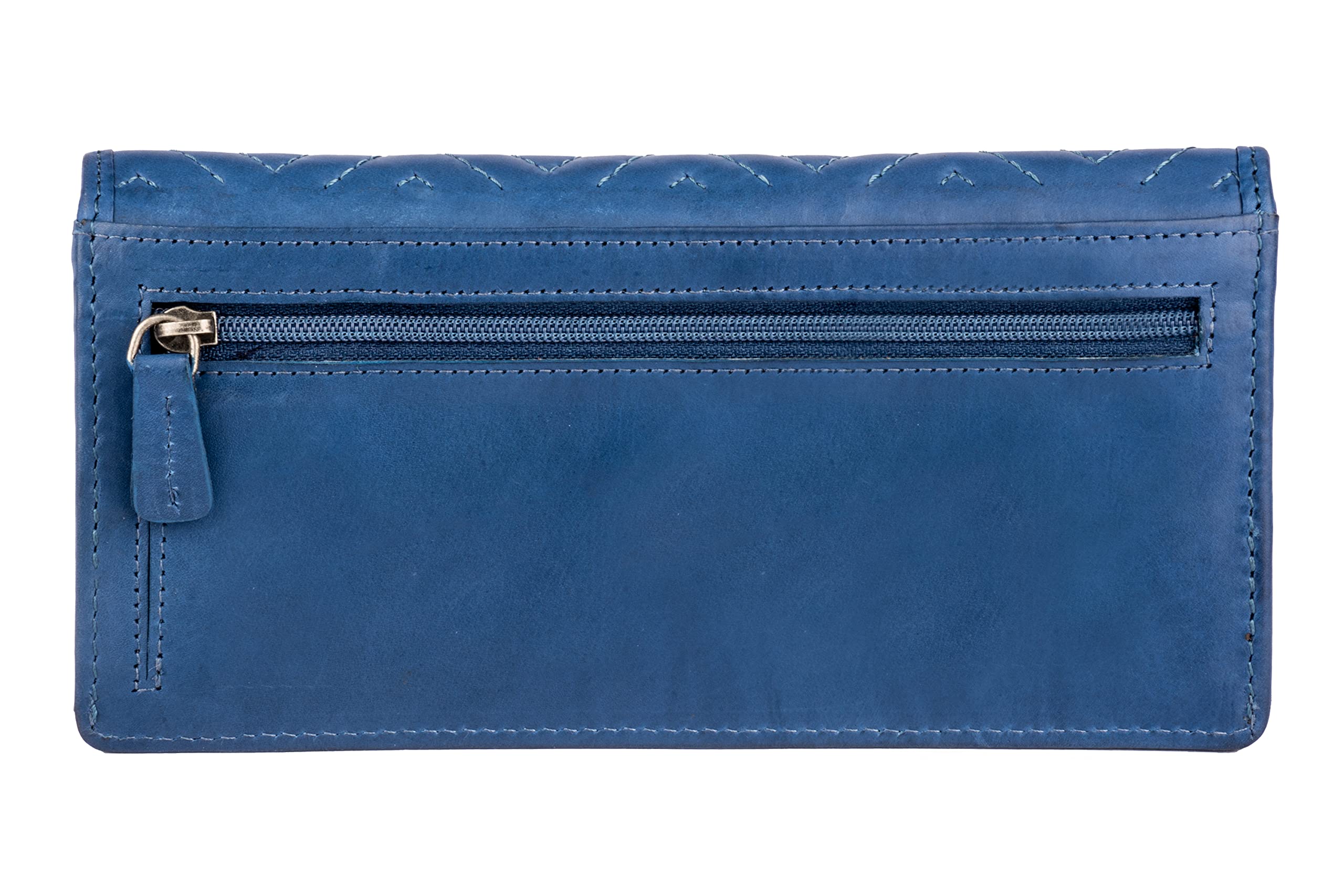 Zinda Genuine Leathers Women’s Wallet RFID Protection Long Purse Flap Over Quilted (Blue)