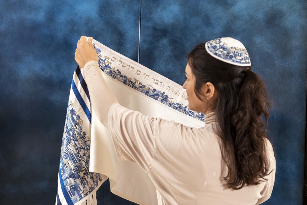 Yair Emanuel Premium Tallit Silk Embroidered Jerusalem Vista | Blue and White Tallis Prayer Shawl