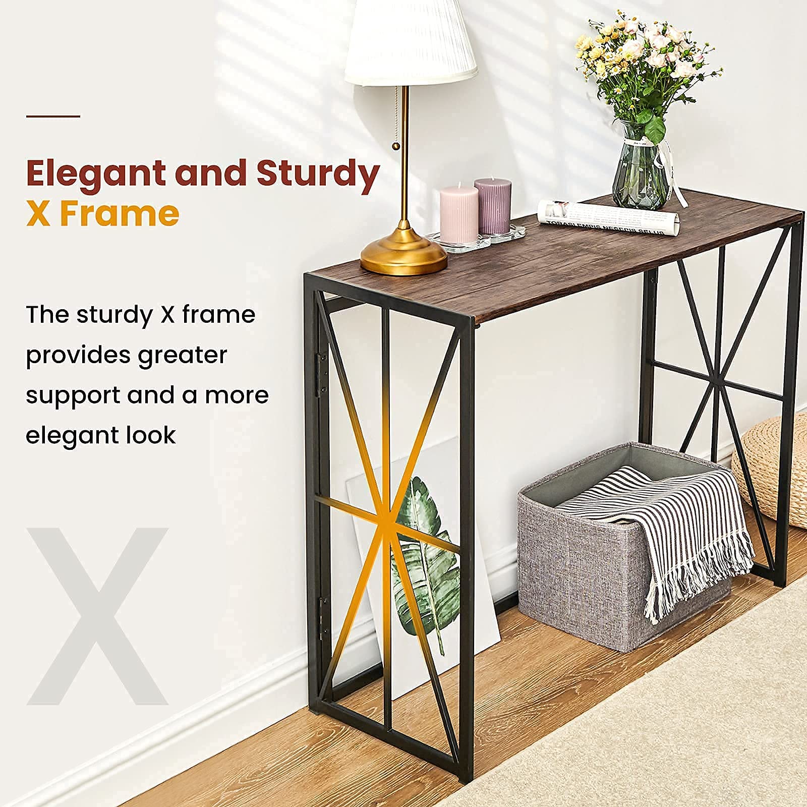 Console Sofa Table for Entryway No Assembly Couch Hallway Wall Table Folding Living Room TV Stand Narrow Entrance Foyer Table Industrial Kitchen Buffet Bar Height Table with Metal X-Frame,Rustic Brown