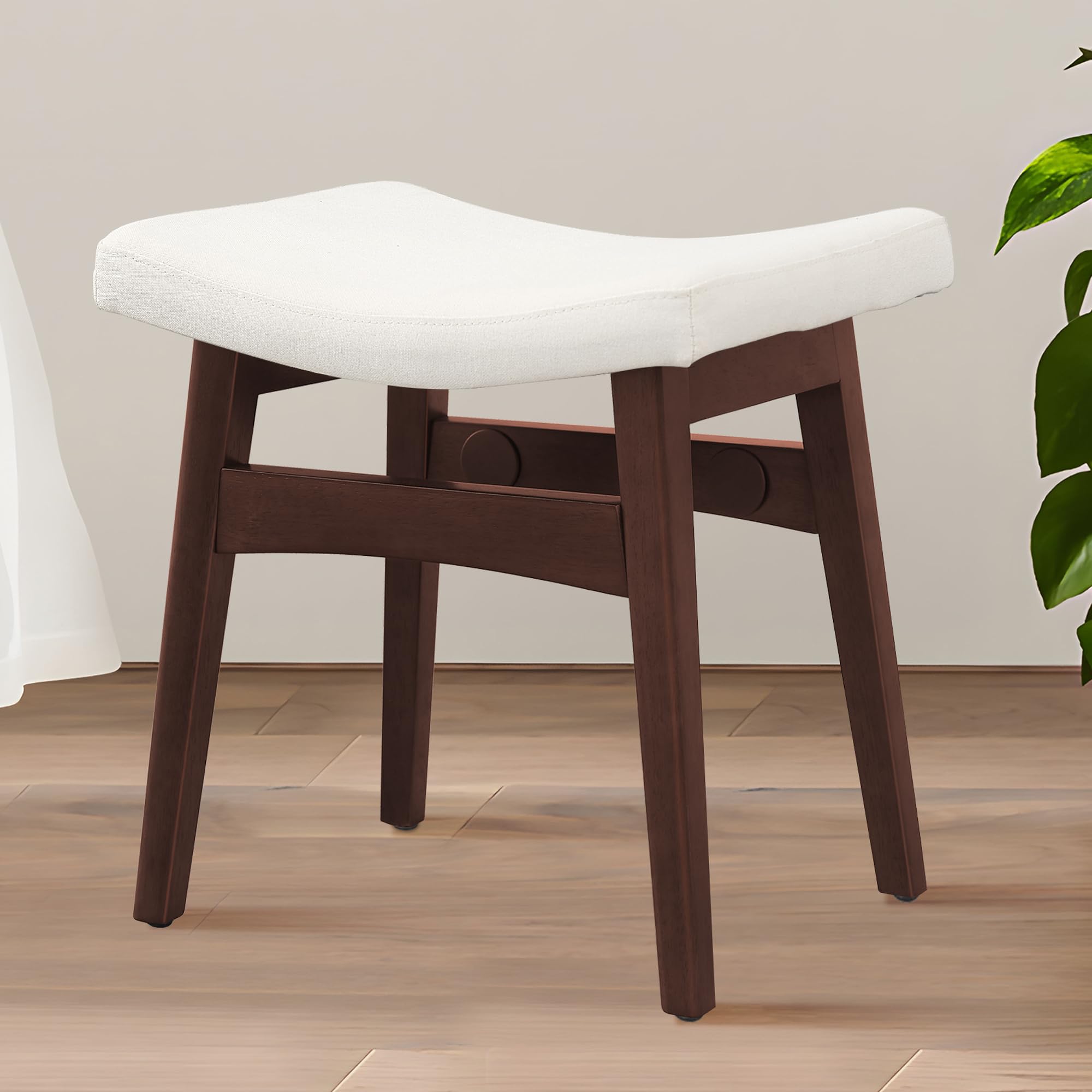 COSTASKF Vanity Stool, Saddle Cushion Foot Stool, Modern Vanity Bench Ottoman with Solid Wood Legs and Upholstered Seat for Entryway, Bedroom,Walnut Color Leg - White Linen Fabric Cushion