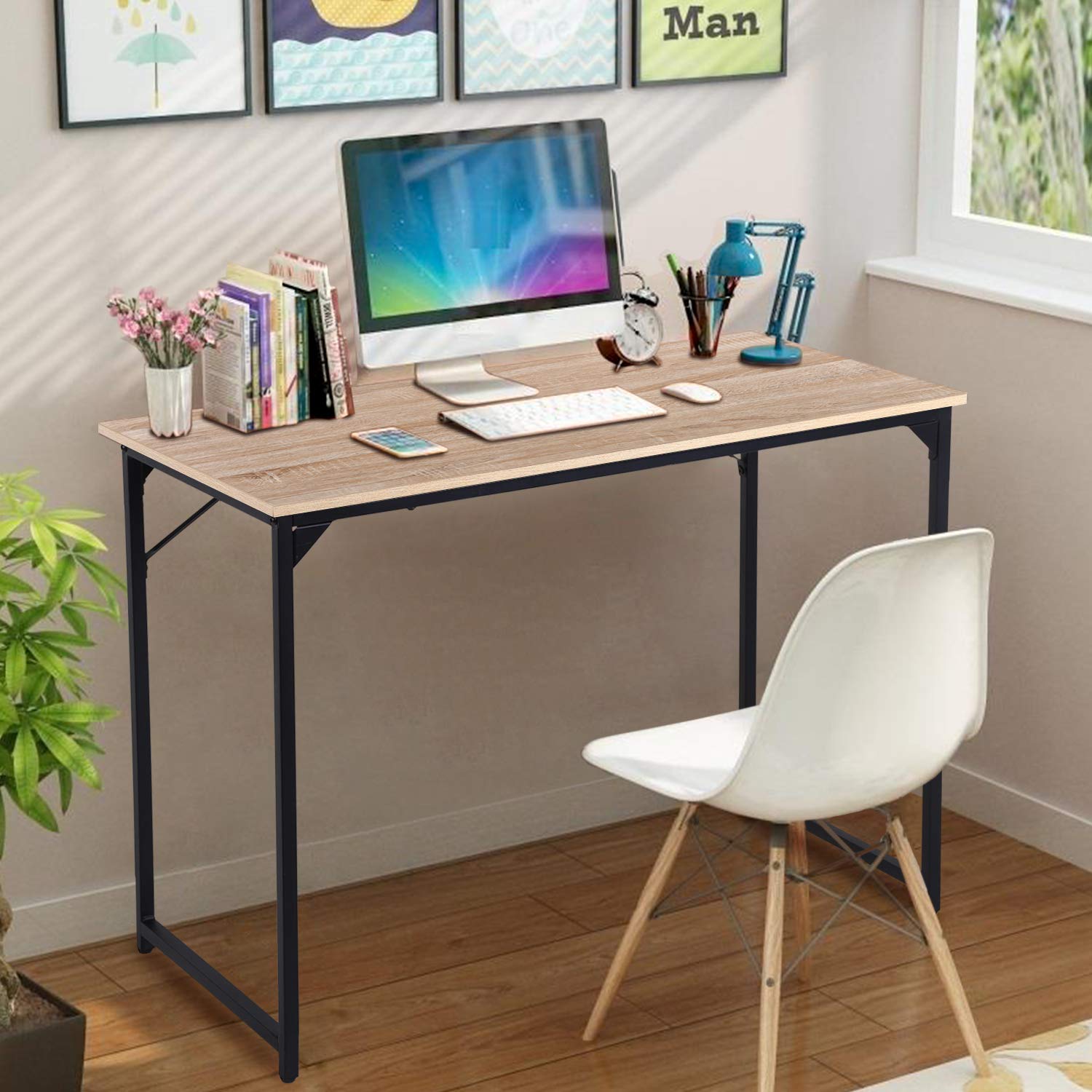 HCB Computer Desk 47inch Home Office Desk Writing Study Table Modern Simple Style PC Desk with Black Metal Frame(Nature),47inchx24inchx29inch