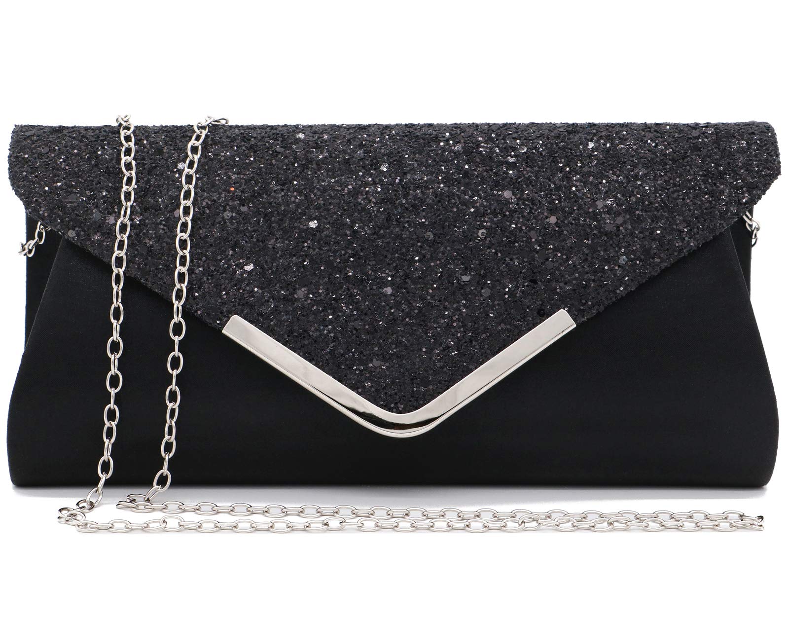 ZIUMUDY Sparkly Glitter Evening Envelop Clutches Shoulder Chain Bags Bridal Wedding Clutch Purse Wallet (Black)