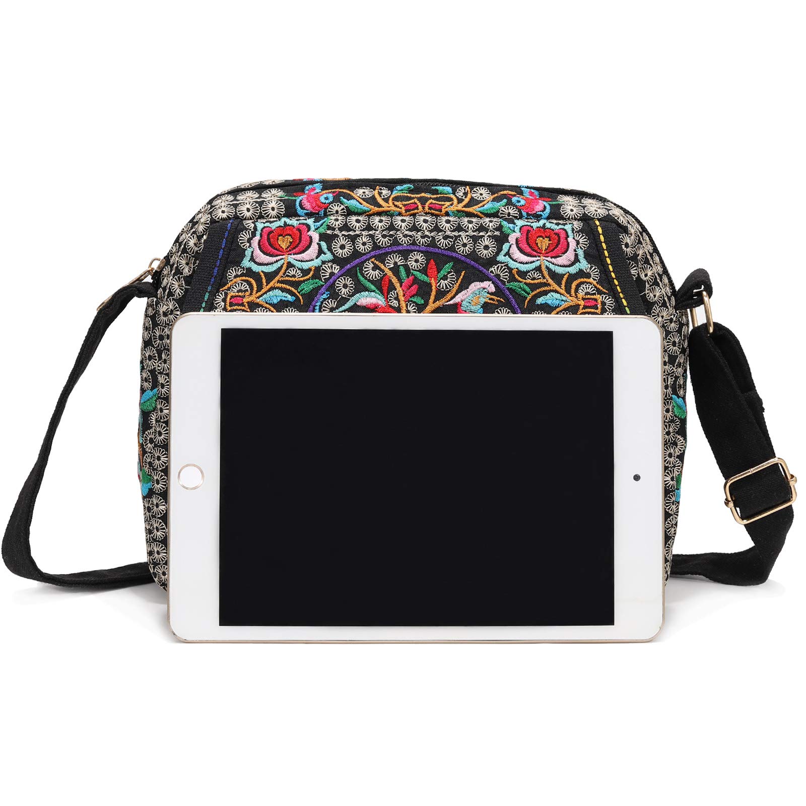Vintage Embroidery 6.5" Canvas 3 zip Small Crossbody Bag Cell Phone Pouch Wallet Bag Coin Purse for Women (Black + Flower)