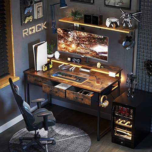 ODK 47 inch Small Computer Desk with Fabric Drawers, Home Office Desk with Adjustable Monitor Stand, Modern Work Study Writing Table Desk, Vintage