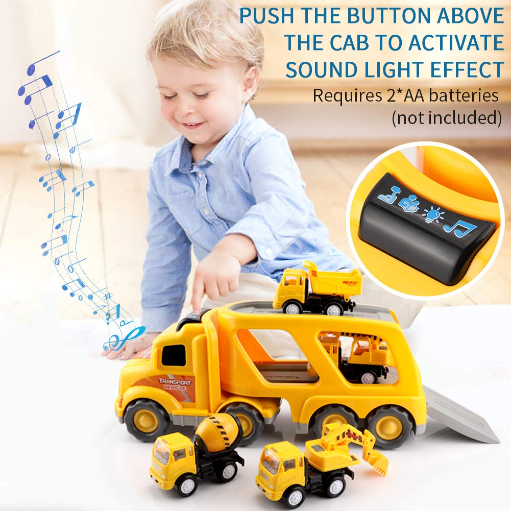 Construction Vehicle Toy Set with Sound and Light for 3-6 Year Old Kids - Trucks, Crane, Mixer, Dump, Excavator