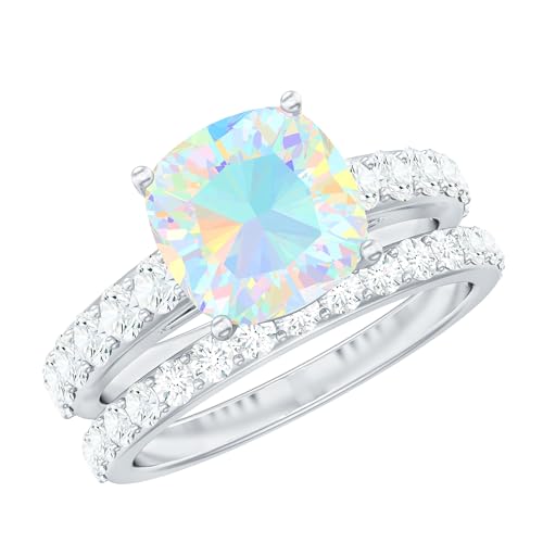 Certified Opal Wedding Ring Set, AAA Quality, Natural 8mm Cushion Cut Opal Engagement Ring with Moissanite Enhancer, 14K White Gold, Size:US 7.50