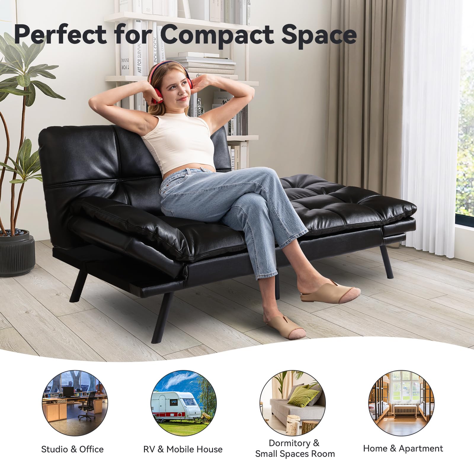 Hcore, Convertible Sleeper, Memory Foam Futon Couch,Loveseat Bed,Small Splitback Modern Sofa Sofabed, Black