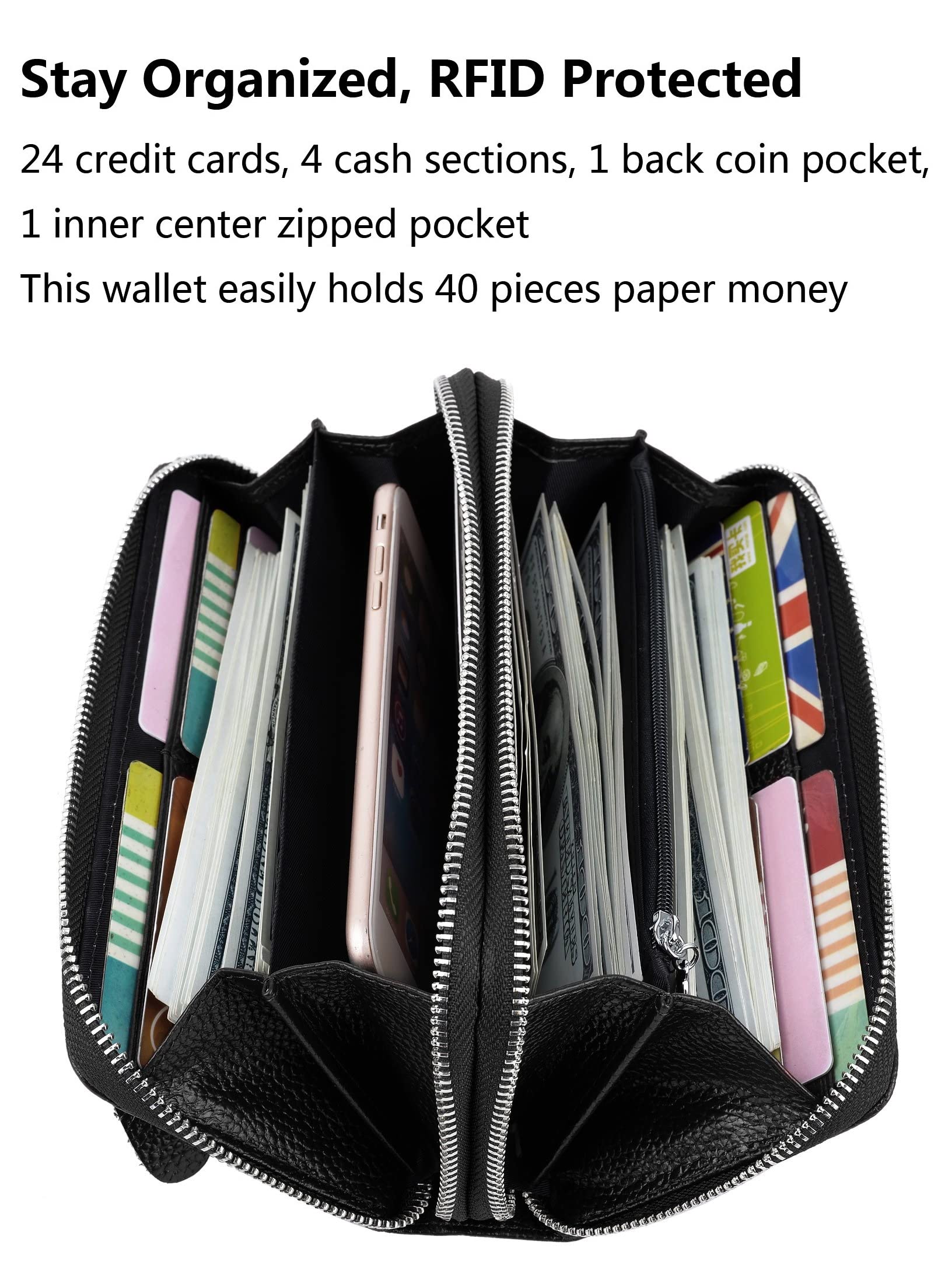 YALUXE Women's Double Zipper Leather Wristlet Wallet Cell Phone Purse Card Holder RFID Blocking