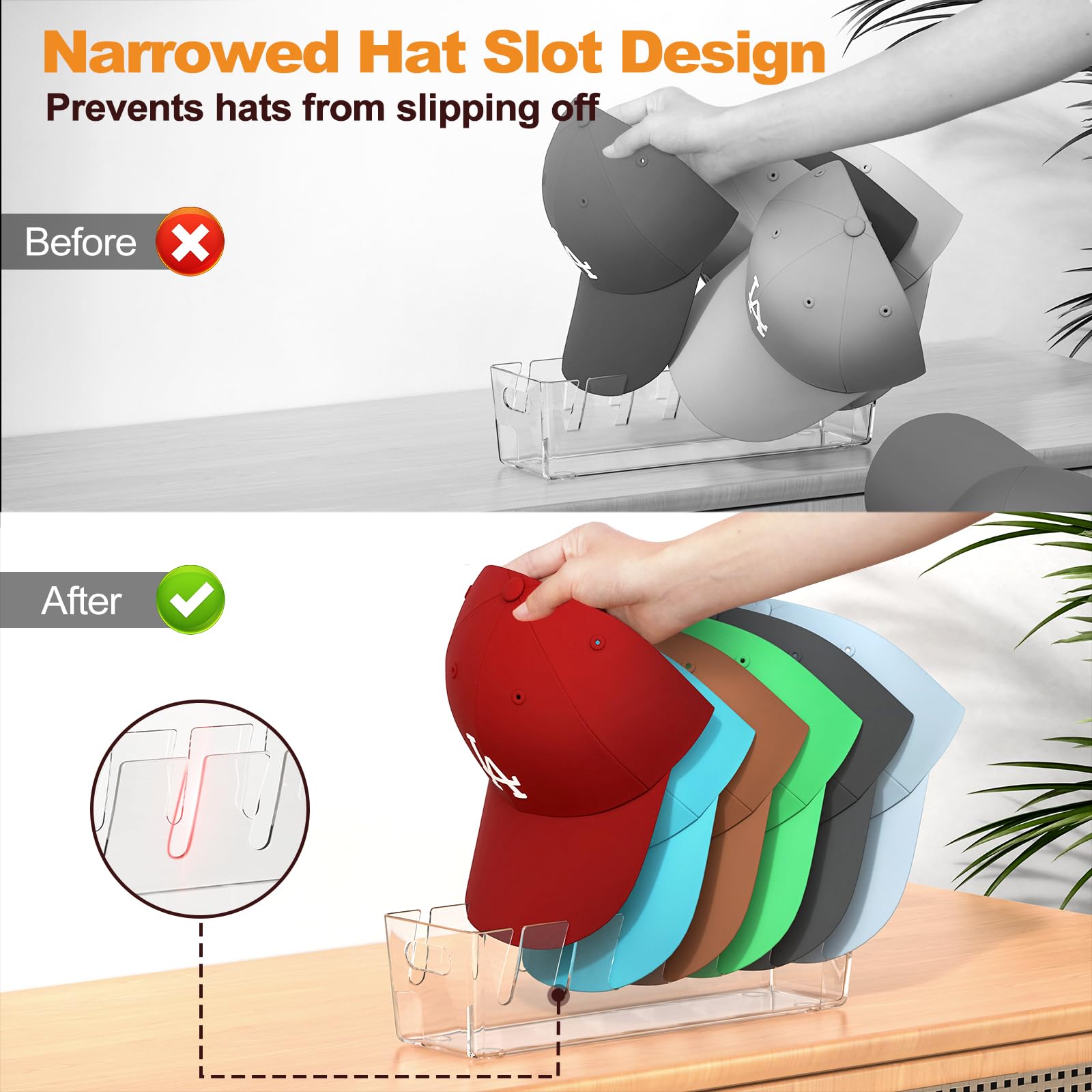 TMVAP 2024 New Hat Stand for Baseball Caps Display and Organizer-2 Pack No Install Acrylic Hat Organizer for 14 Baseball Caps Storage, Hat Racks Storage for Bedroom, Closet, Dresser,Entrance (Clear)
