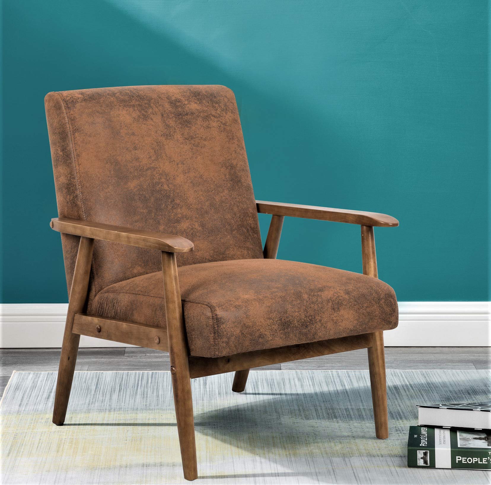 Container Furniture Direct Barlow Modern Vintage Accent Chair, Leather-Look Microfiber Armchair with Open Arm Design, Premium Foam Fill on Solid Wood Frame, 0, Rugged Brown