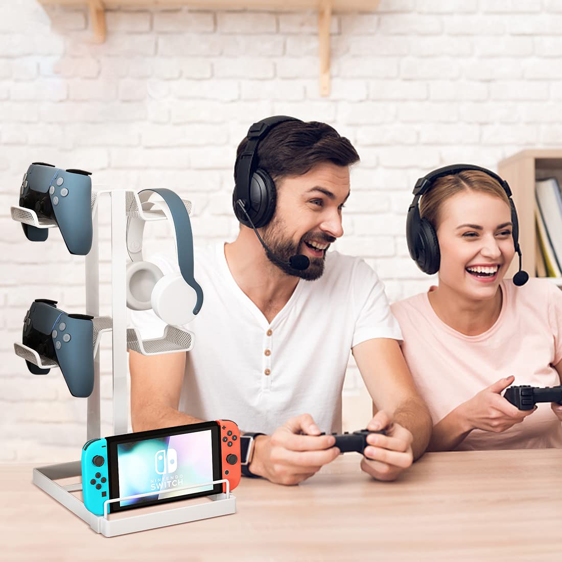 Controller Holder, Game Controller Stand Holder Storage Organizer Adjustable Game Controller Headset Hanger for All Universal Gaming PC Accessories, PS4 PS5 Nintendo Switch (White)