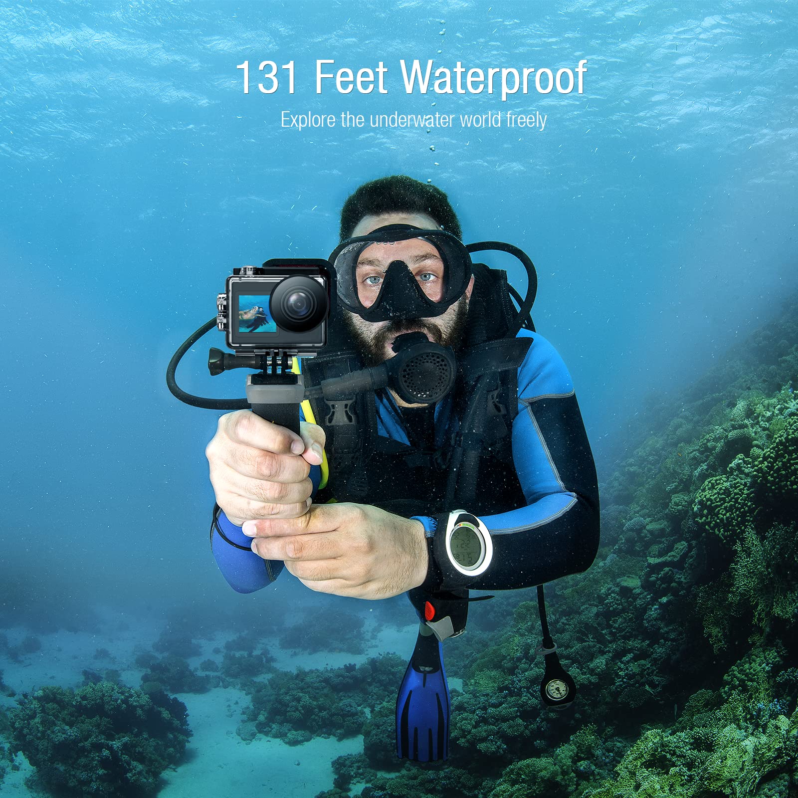 CAMWORLD Action Camera 4K 20MP Dual Screen Underwater Waterproof Camera with Touch Screen, EIS, Remote Control, Wi-Fi, Action Cam with 2 Batteries and Camera Accessories