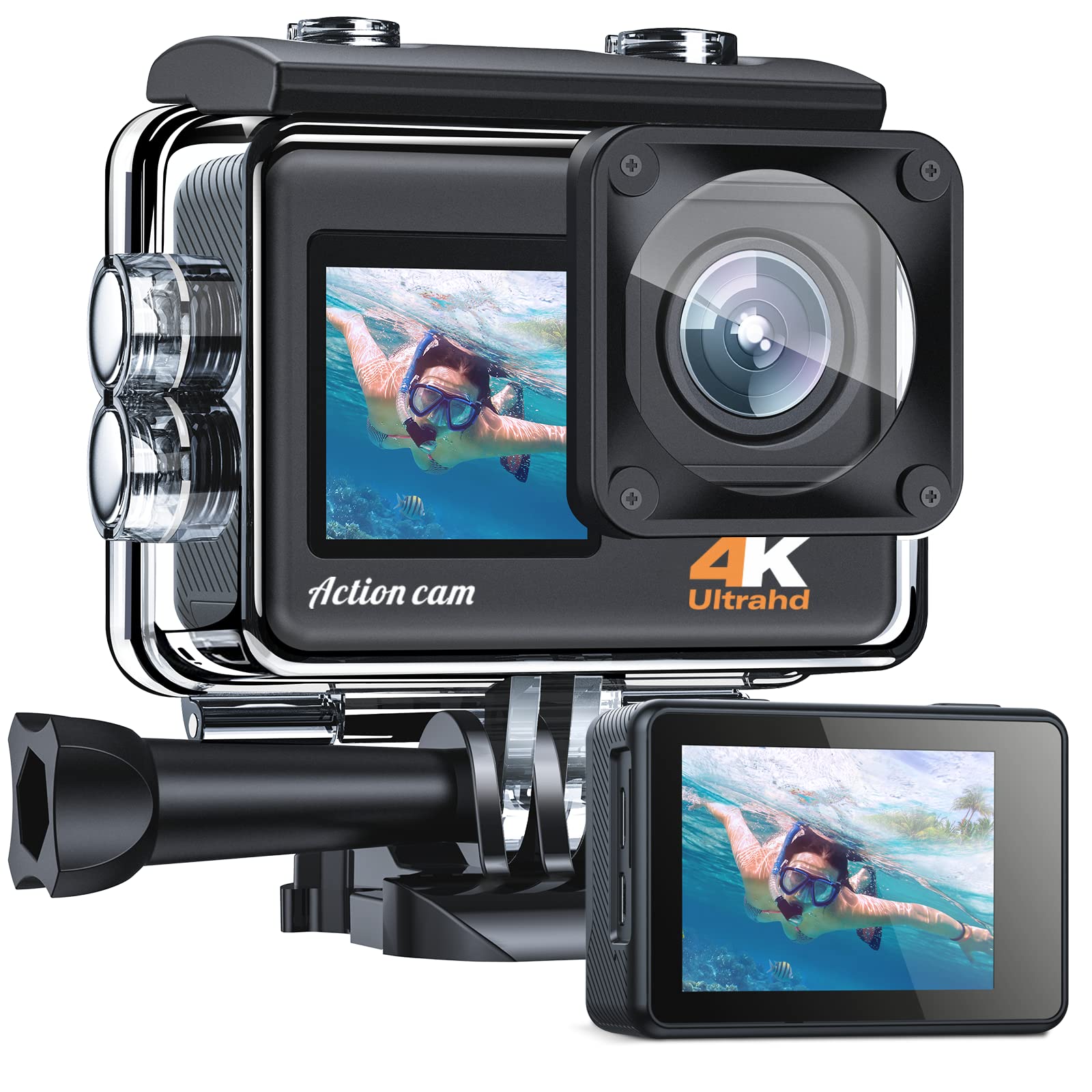 CAMWORLD Action Camera 4K 24MP Ultra HD WiFi Dual Color Screen Waterproof Camera EIS 131FT Underwater Cameras 170 Degree Wide Angle, 2 Rechargeable Batteries and Accessories Kit