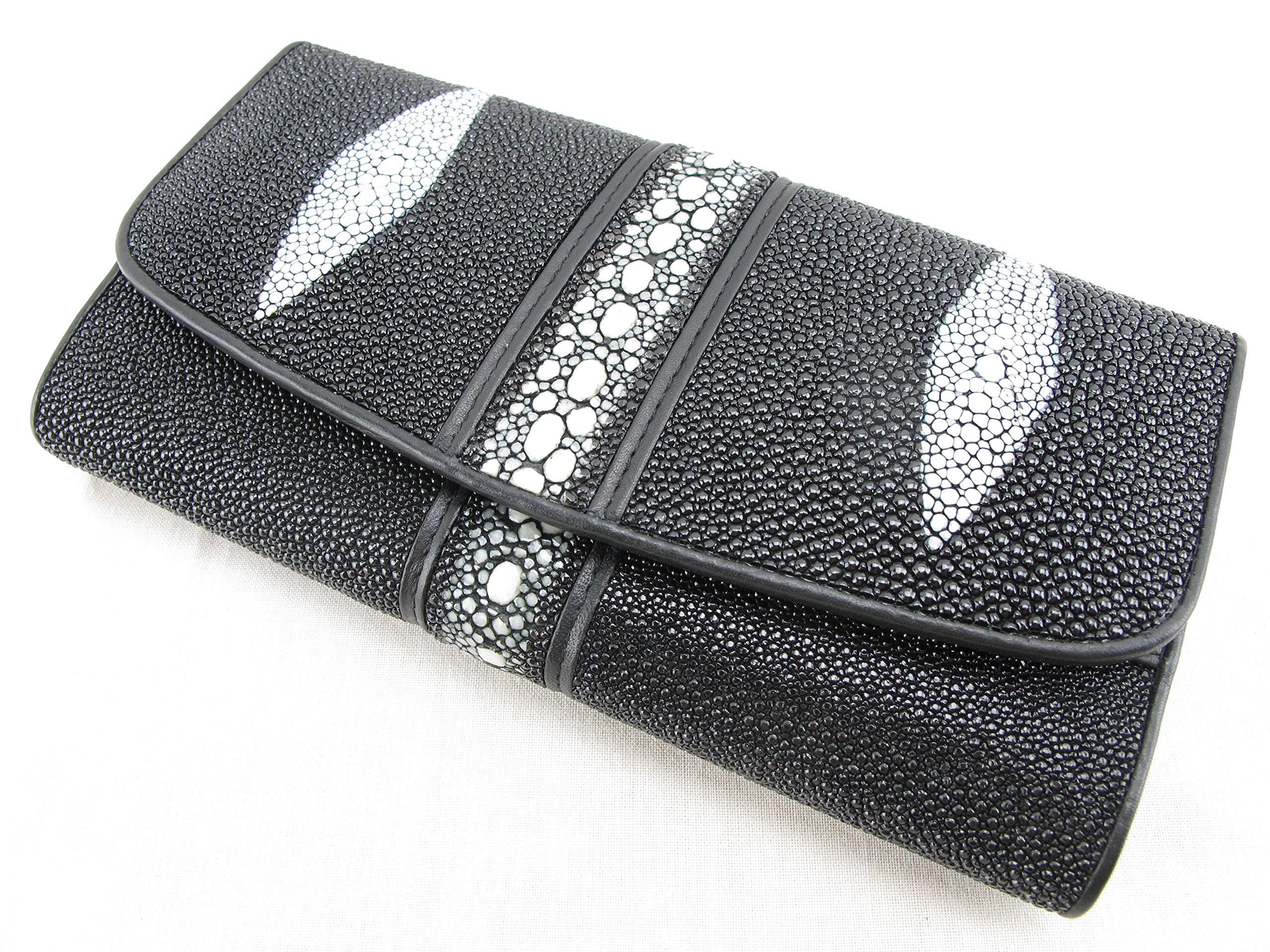 PELGIO Genuine Row Diamond Stingray Skin Leather Women's Trifold Clutch Wallet Black