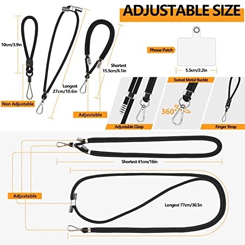 Universal Phone Lanyard, 2× Crossbody Cell Phone Lanyard, 2× Adjustable Wrist Strap, 2× Finger Strap, 4× Phone Patch Compatible with Most Mobile Phone(Black)