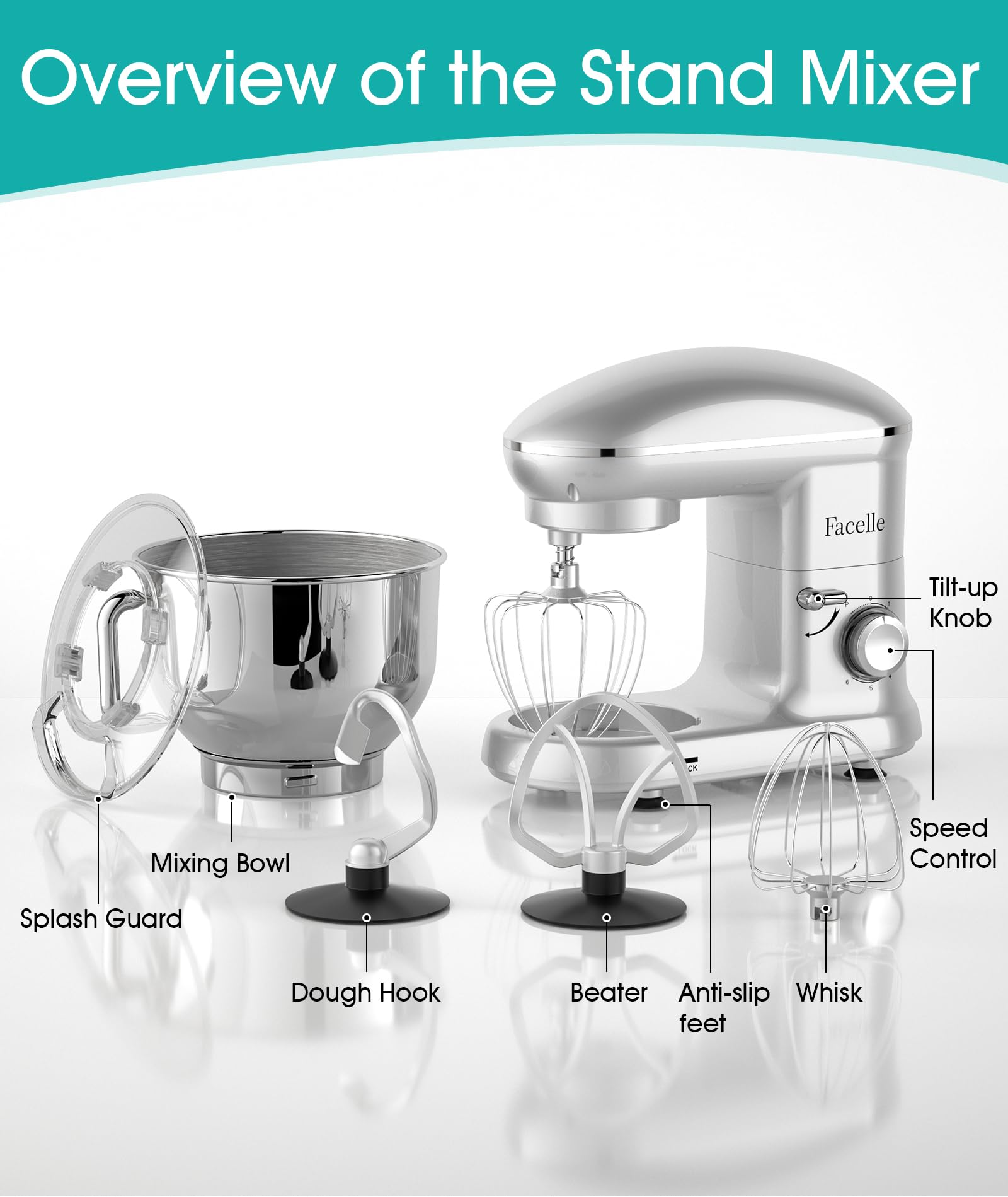Facelle Stand Mixer, Electric Kitchen Mixer, 6 Speed Tilt-Head Stand Mixer with Pulse, Attachments include 6.5QT Bowl, Dishwasher Safe Beater, Dough Hook, Whisk for Dough, Baking,Cakes, Cookie -Silver