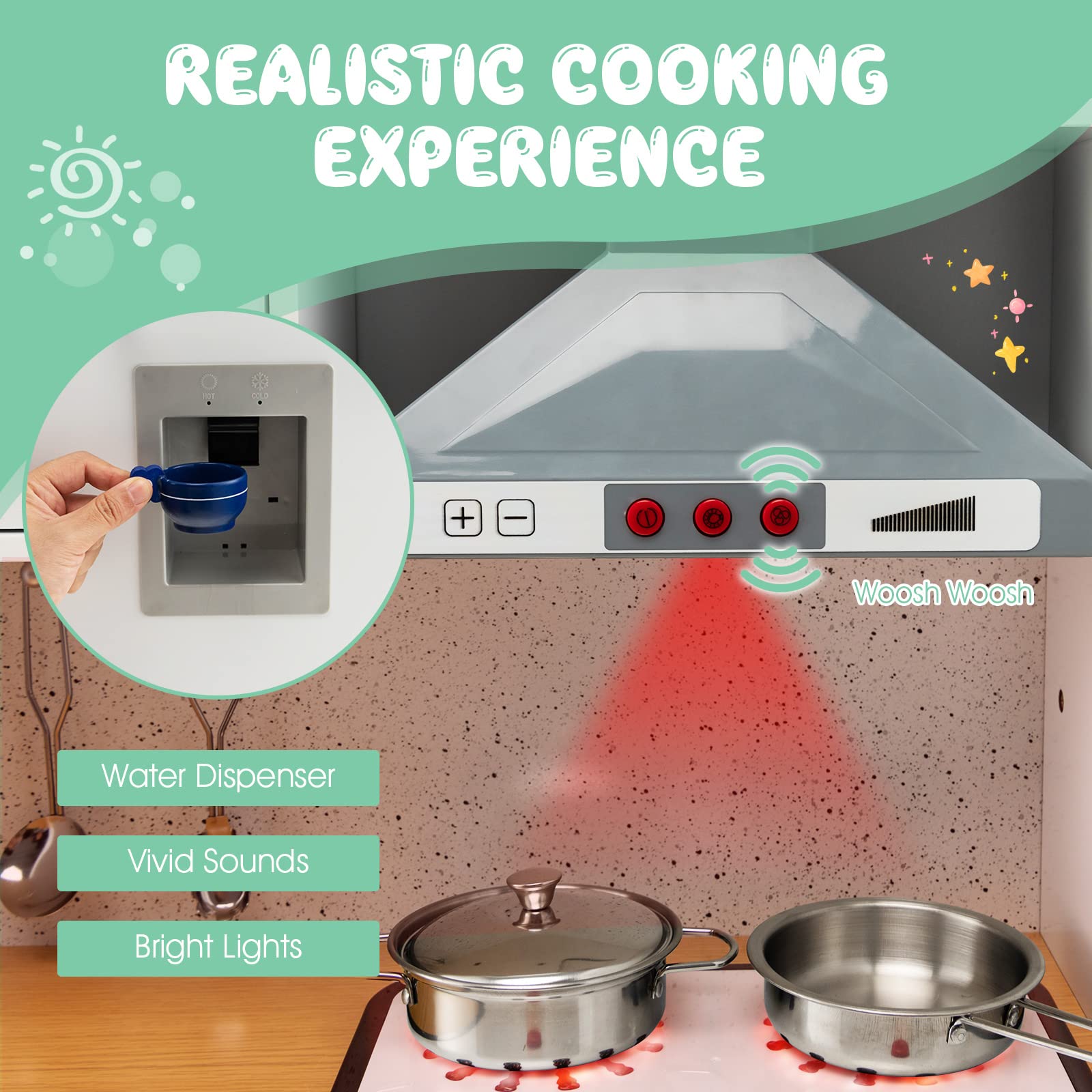 Costzon 2-Piece Kids Kitchen Playset, Wooden Pretend Play Kitchen & Washing Machine Toy Set w/Realistic Light & Sound, Coffee Maker, Water Dispenser, Stove, Utensils, Sink