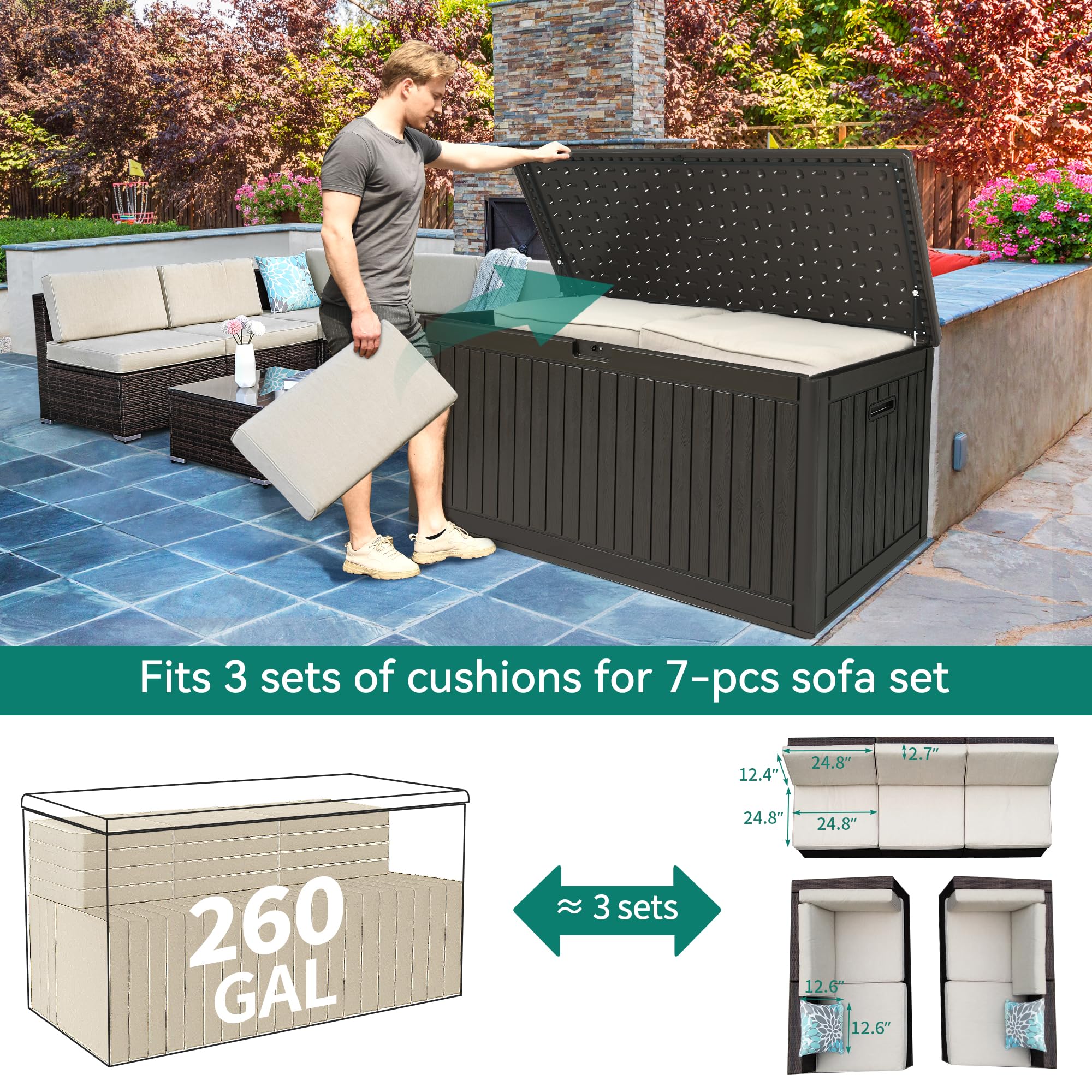 YITAHOME 260 Gallon Double-Wall Deck Box with Divider & Side Handles, Outdoor Large Storage for Patio Furniture Cushions, Garden Pool Accessories, Water Resistant & Lockable