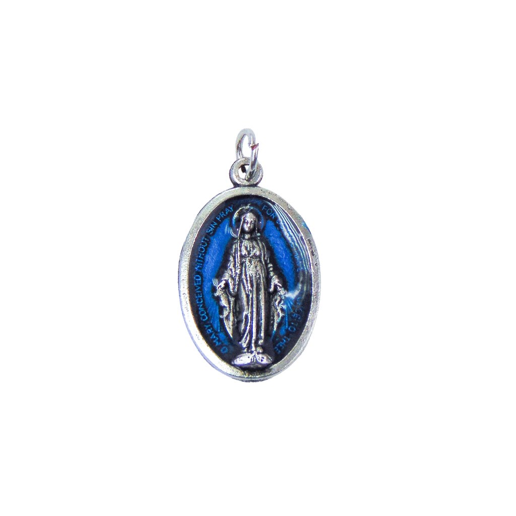 Catholica Shop Catholic Religious Wear Our Lady of Grace Oxidized Silver Medal Pendant with Blue Enamel - 0.59" Width x 1" Length - Lot of 6