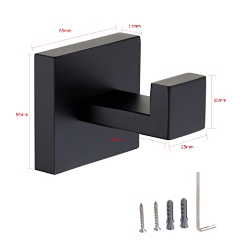 Wieonios Wall Towel Hooks Matte Black Bathroom Bath Towel Hook Stainless Steel, Square Towel Robe Coat Hook Wall Mounted Toilet Kitchen Heavy Duty Door Hanger 4 Pack