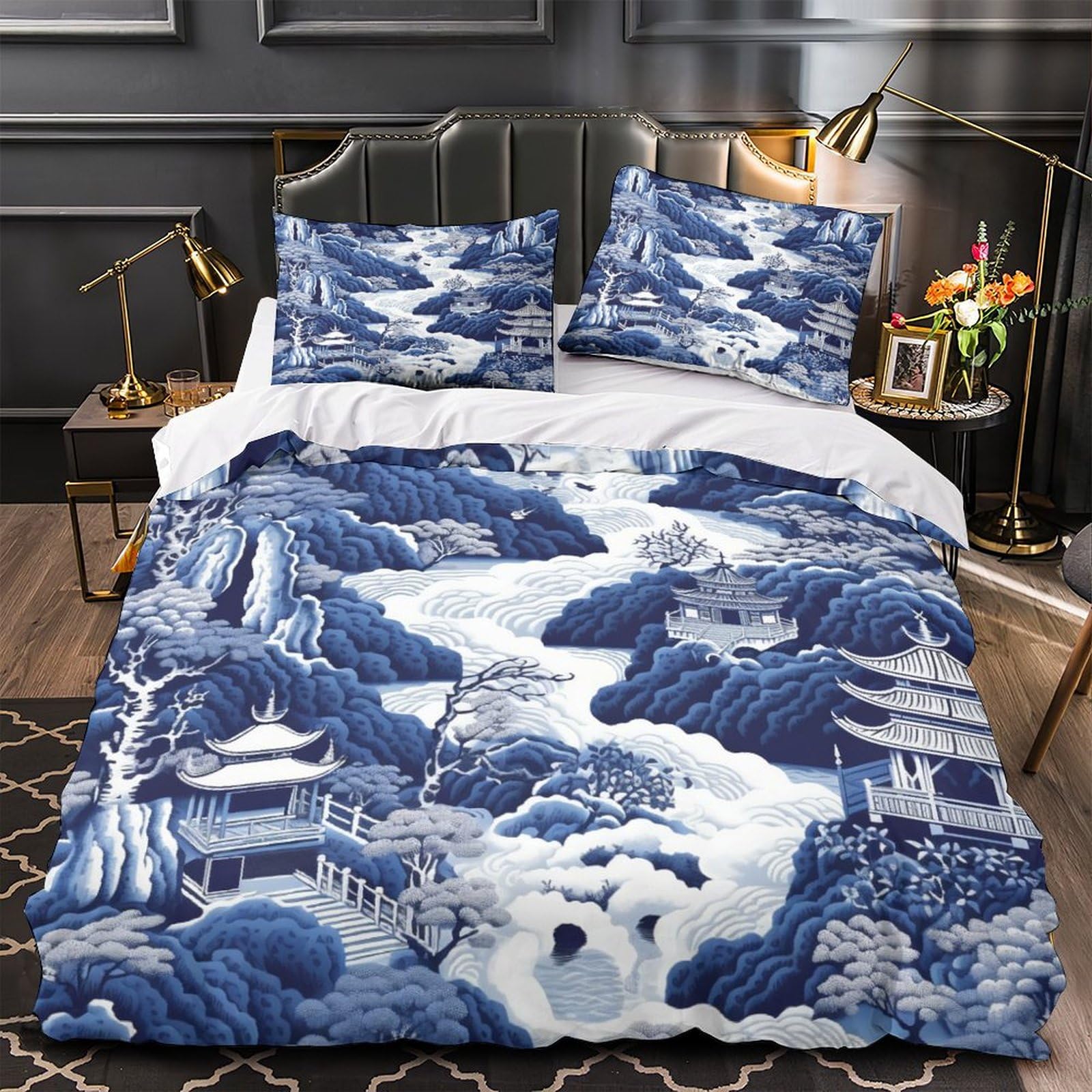 HOUKIG Chinoiserie Blue Bedding Set 3D Printed Comforter Covers Duvet Cover Quilt Cover with Pillowcases 3 Pieces Microfiber for Childrens and Adults with Zipper Closure Queen(228x228cm)