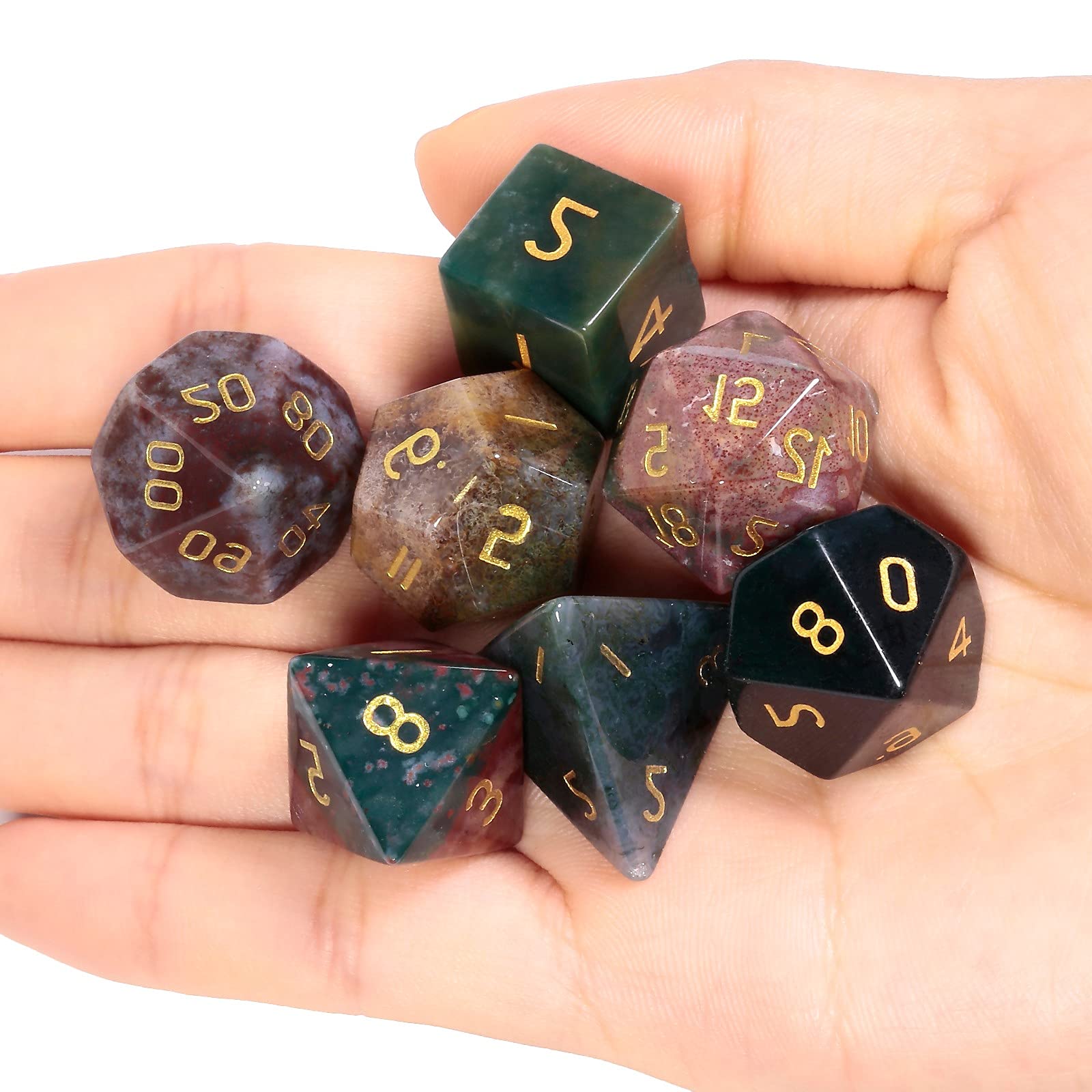 Yatming Set of 7 Healing Crystal Polyhedral DND Dice for RPG MTG Table Games, Handmade Indian Agate Stone Dice Set with Box for Collection Display Home Decor