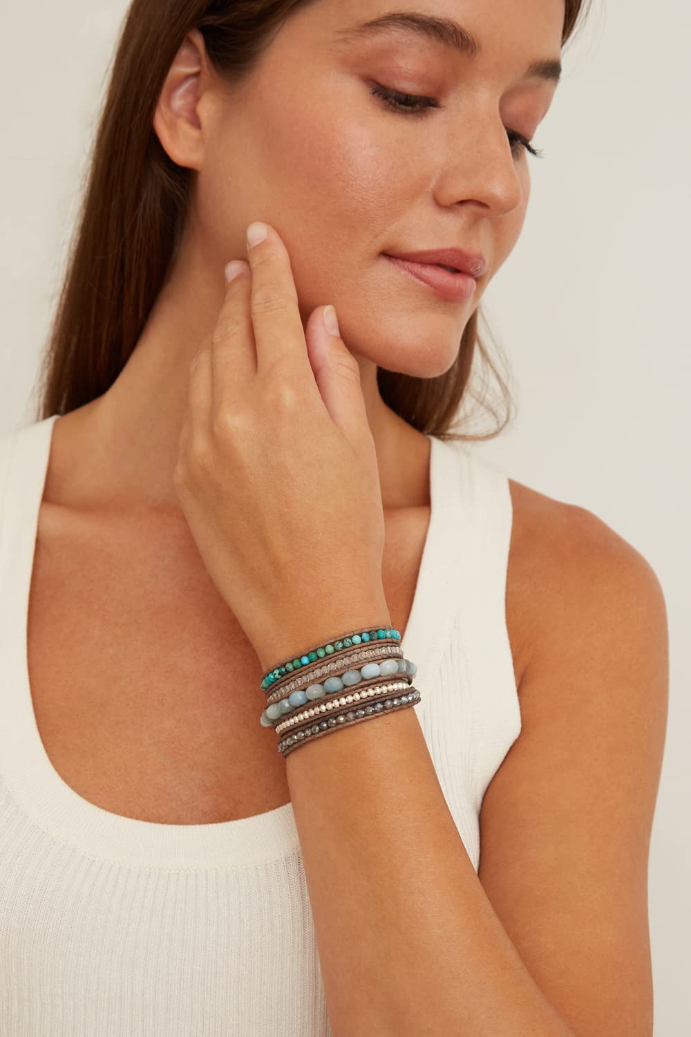 Chan Luu Aquamarine, Turquoise, Mystic Lab, Clear Quartz Wrap Bracelet Aquamarine Mix One Size
