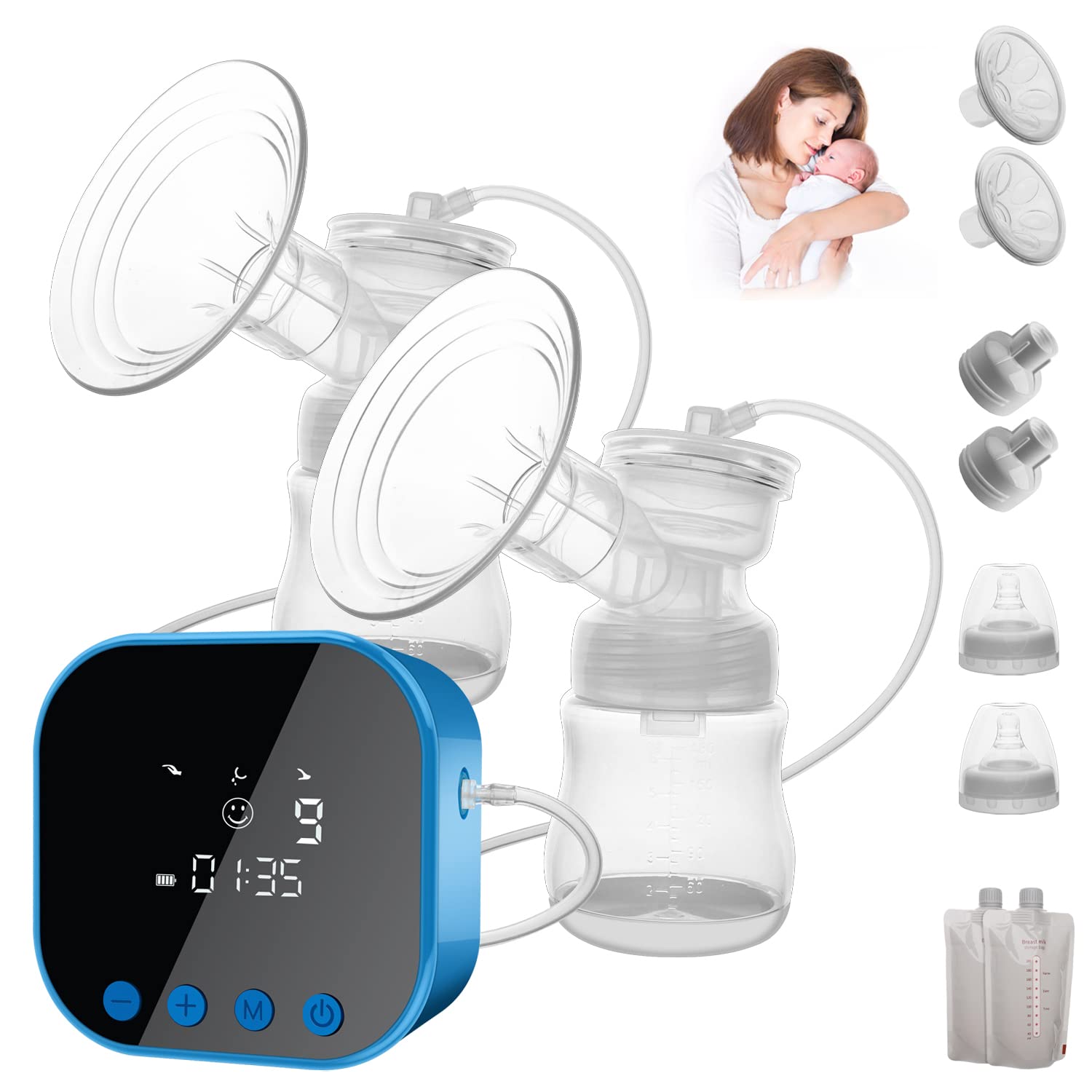 Electric Breast Pump, JUNSKY Hands Free Breast Pump, Portable Double Breast Pump with 3 Modes,9 Levels,2 Size Flanges, Breastmilk Bags & Button Display Screen