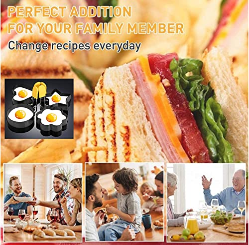 Egg Ring Upgraded Set of 4 with Oil Brush,Foldable silicone handle.Stainless Steel Egg Ring,Non Stick Round Omelette Model for Fried Egg McMuffin Sandwiches.(4 different shapes)