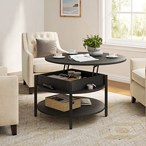 FABATO Round Lift Top Coffee Table with Storage and Hidden Compartment, 35.43'' Farmhouse Coffee Table for Living Room Reception Room, 2 Tier Large Round Coffee Table Round Dining Table, Black